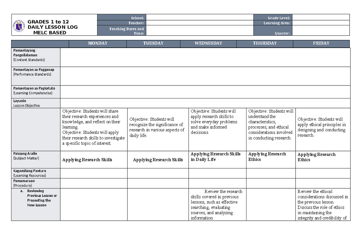 WEEK 1 - Practical research 1 Lesson Plan week 1 - GRADES 1 to 12 DAILY ...