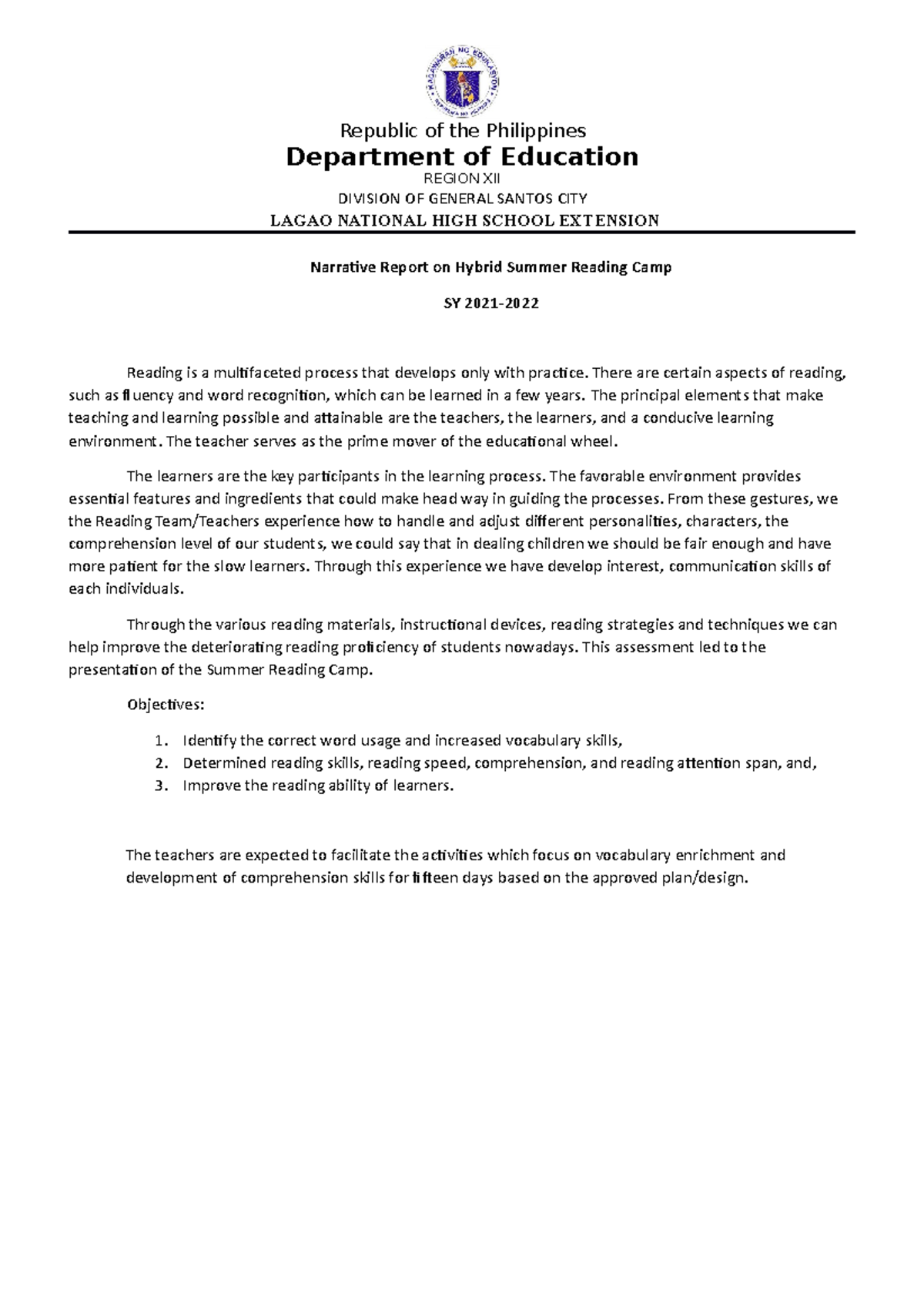 2021 Lnhse-Reading-Narrative-Report - Department of Education REGION ...