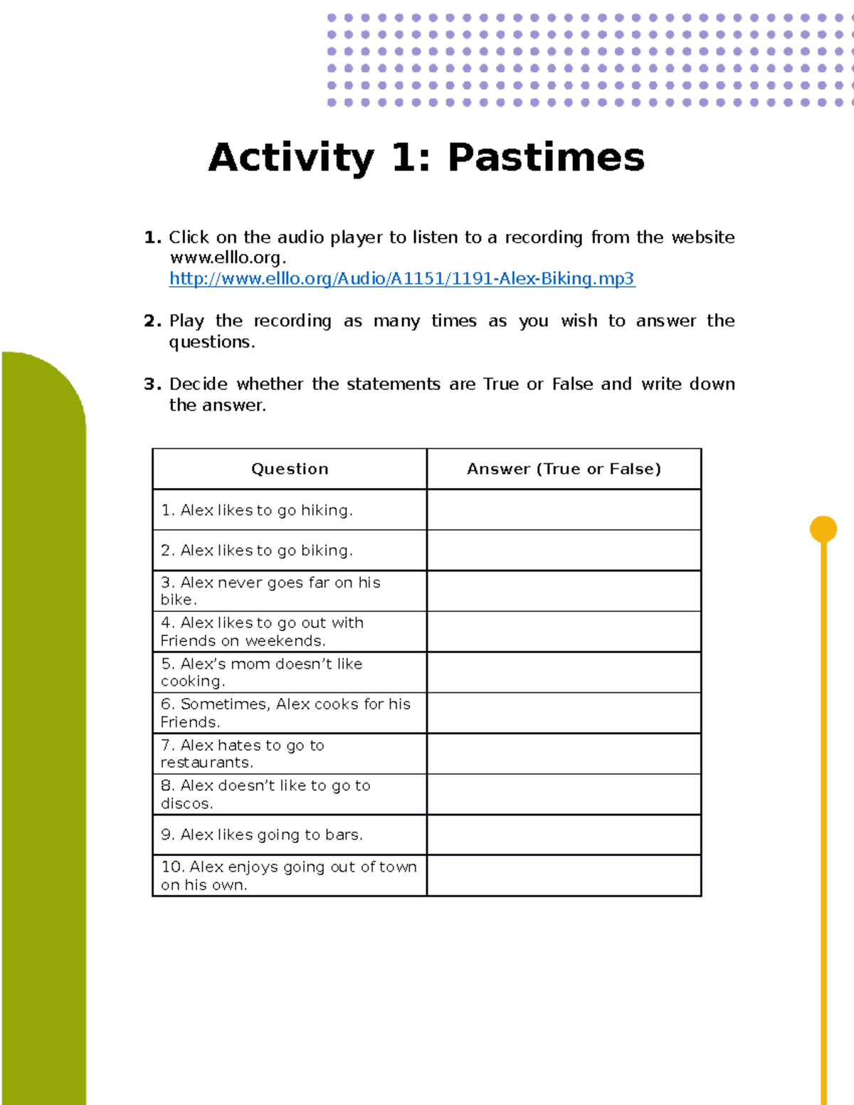 Activity 1 - Pastimes - sistema de informacion - Activity 1: Pastimes 1 ...