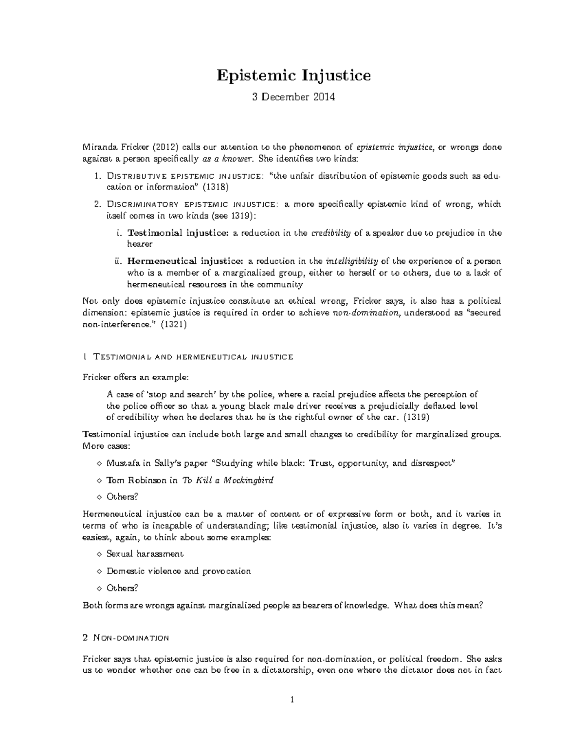 Epistemic Injustice - Lecture note 26 - Epistemic Injustice 3 December ...