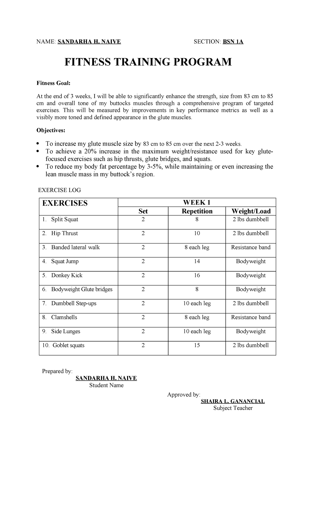 Fitness Training Program Format - NAME: SANDARHA H. NAIVE SECTION: BSN ...