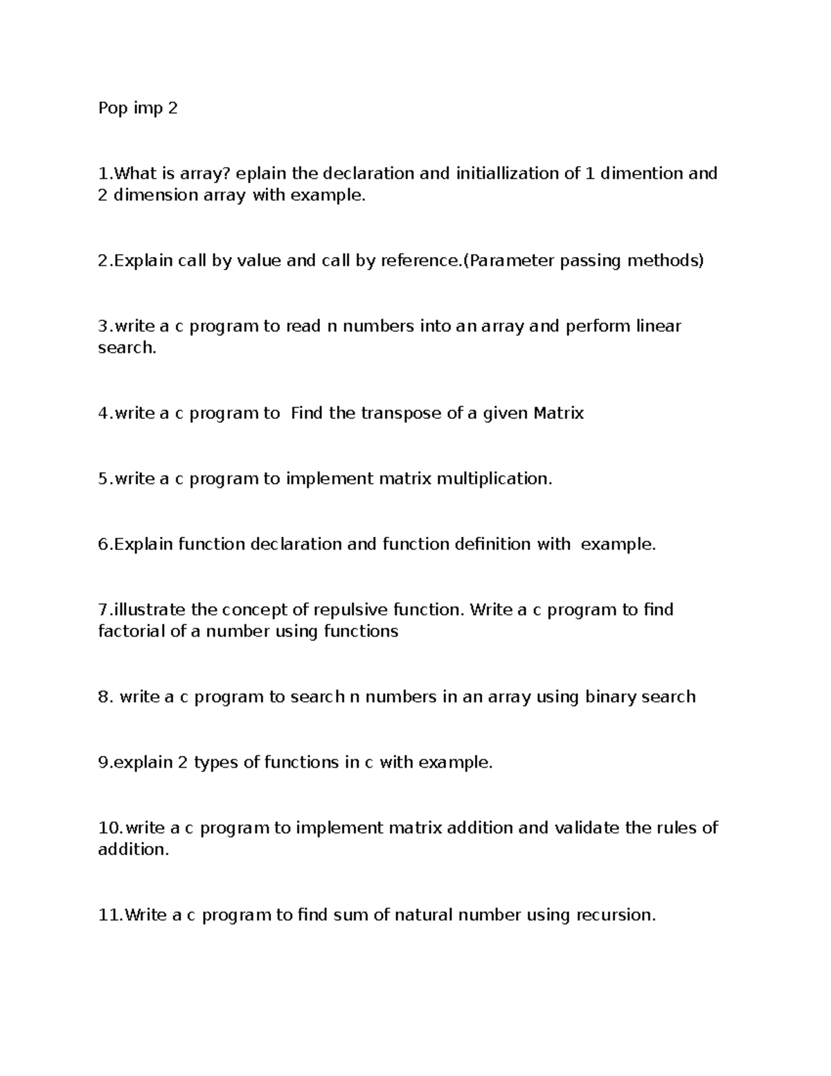 Imp 2 - imp - Pop imp 2 1 is array? eplain the declaration and ...