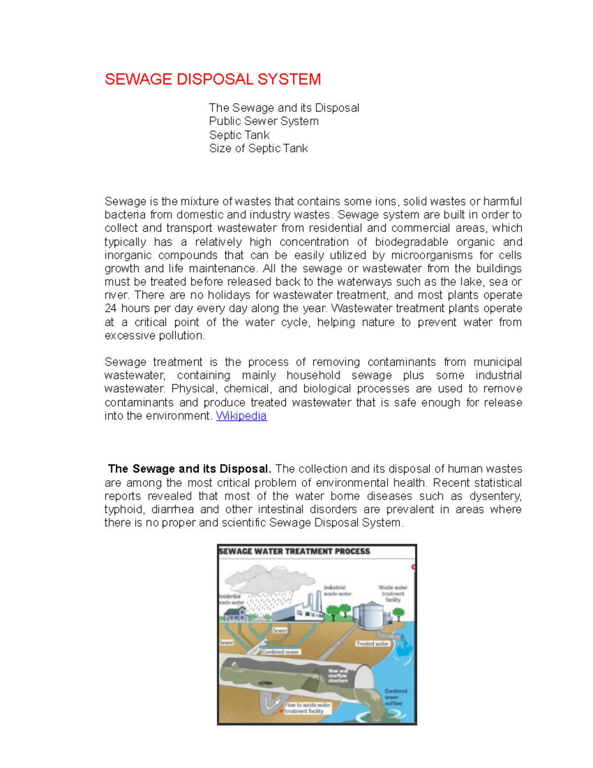 Sewage Disposal System - SEWAGE DISPOSAL SYSTEM The Sewage and its ...
