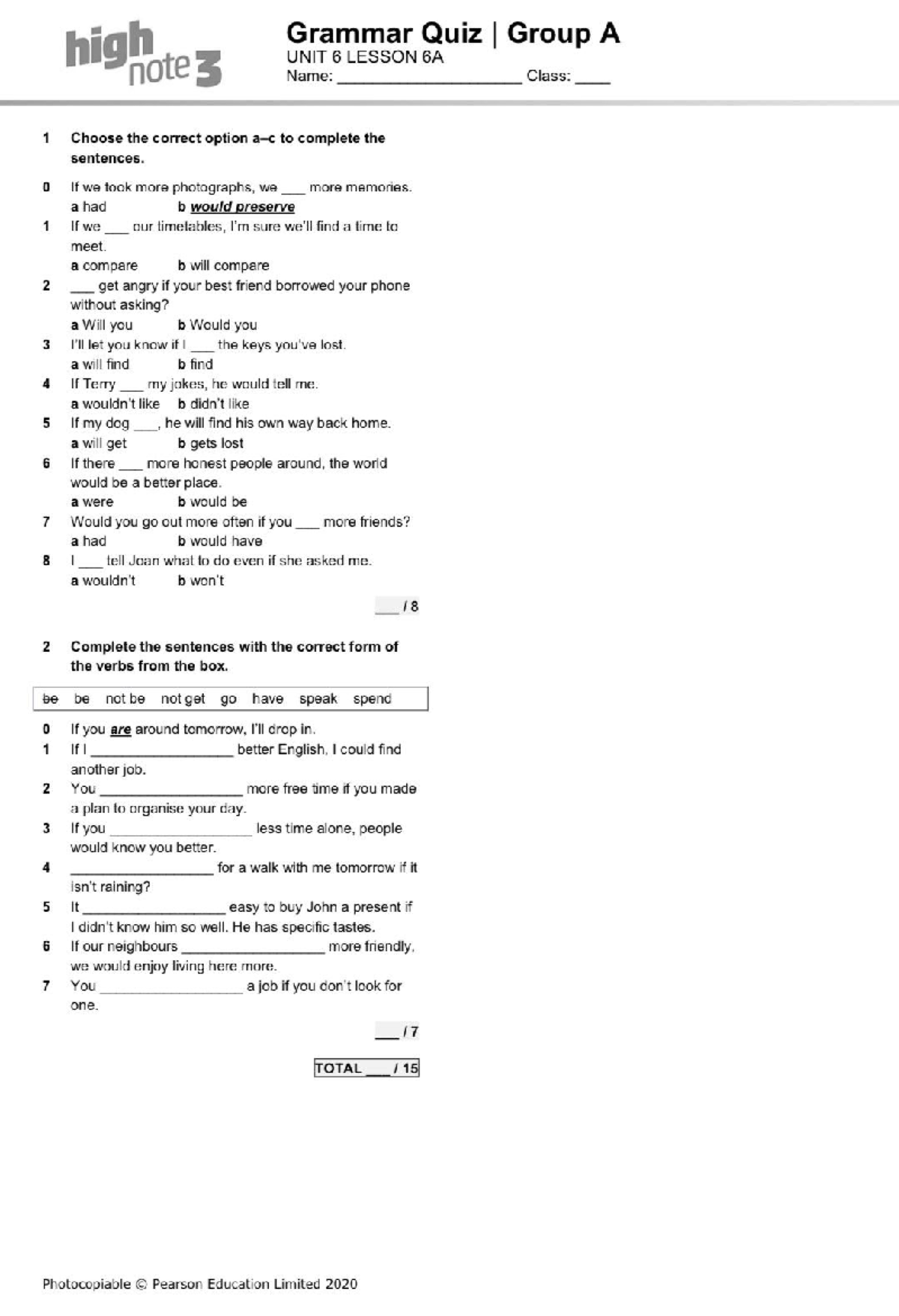 Jpg2pdf - test do rozdziałui 8 - high Grammar Quiz Group A note 3 UNIT ...