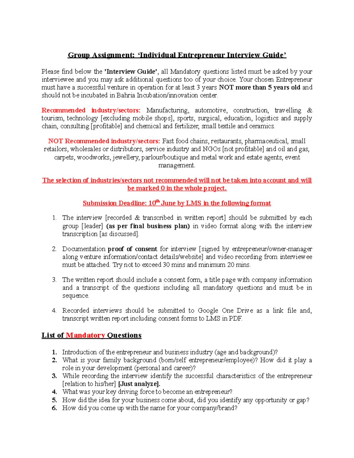 Entreprenuer Practical Field Interview Group Assignment 2 - Group ...