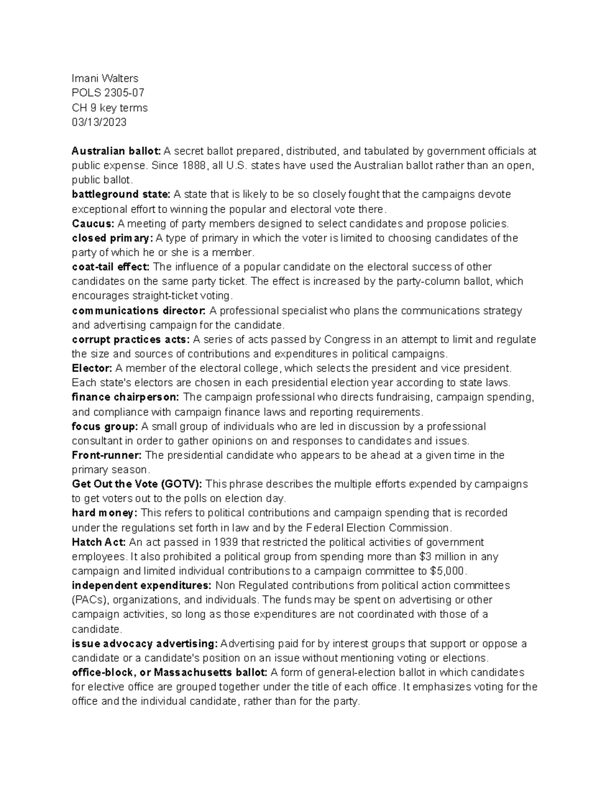 Key terms Chapter 9 - Imani Walters POLS 2305- CH 9 key terms 03/13 ...