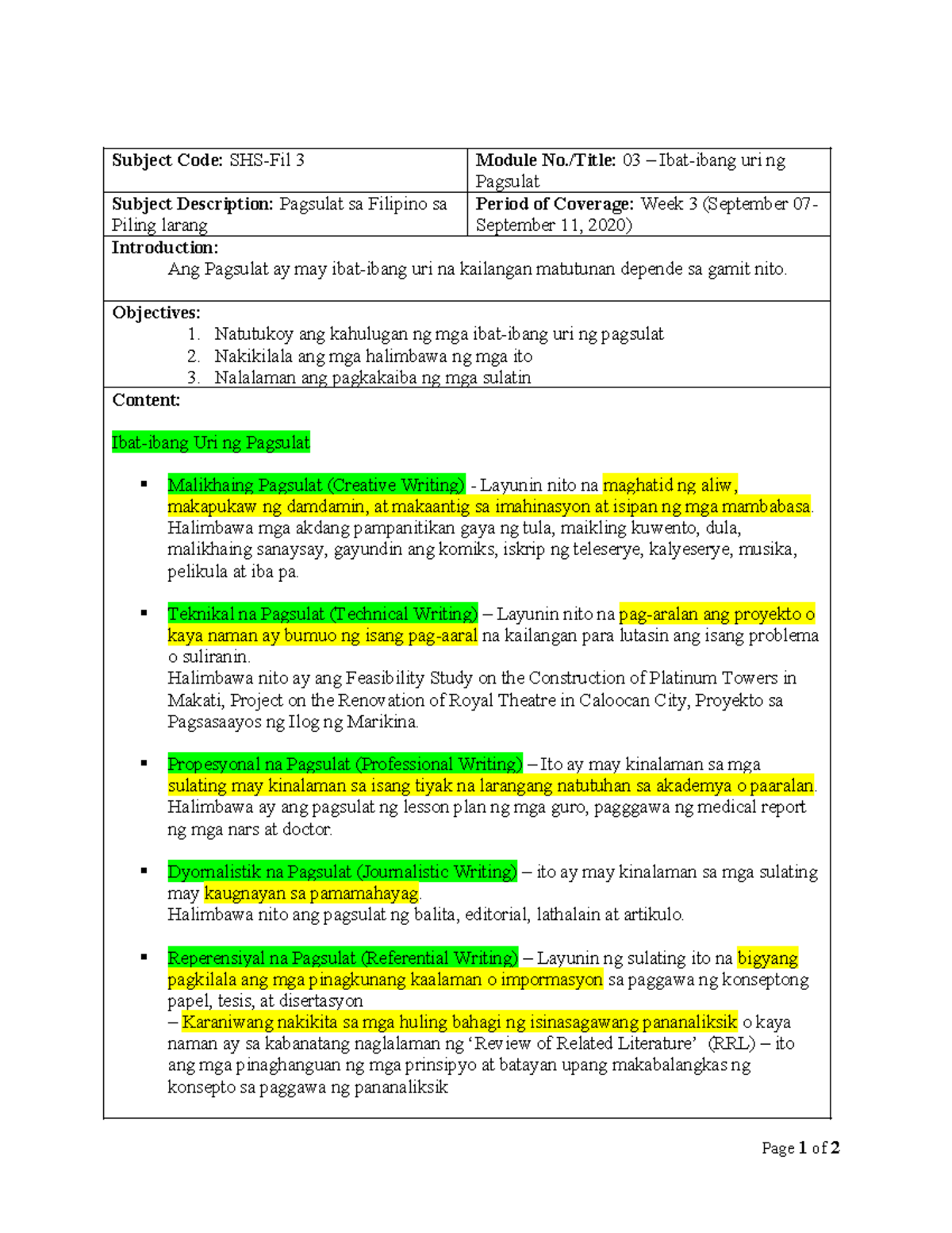 Module 3 - Fil - Filipino Modular - Subject Code: SHS-Fil 3 Module No ...