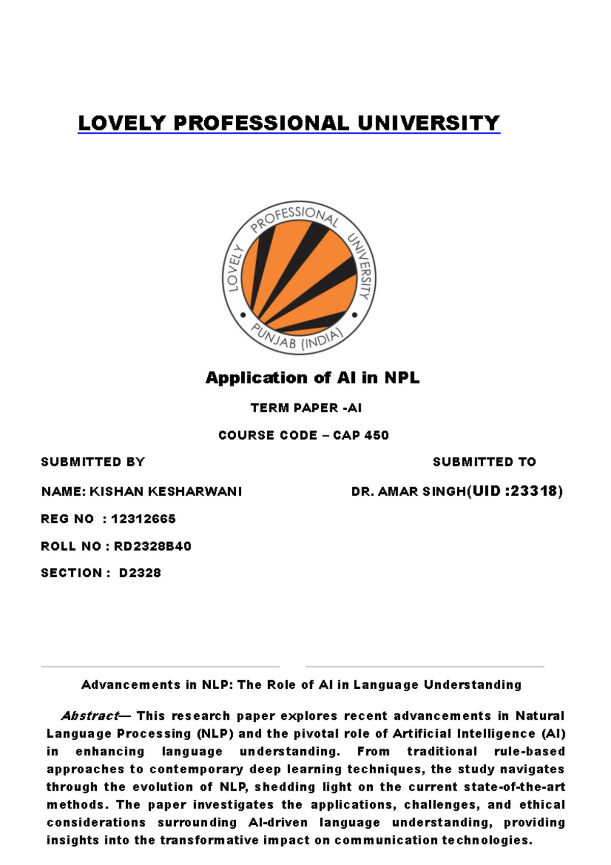 NLPTerm - LOVELY PROFESSIONAL UNIVERSITY Application of AI in NPL TERM ...