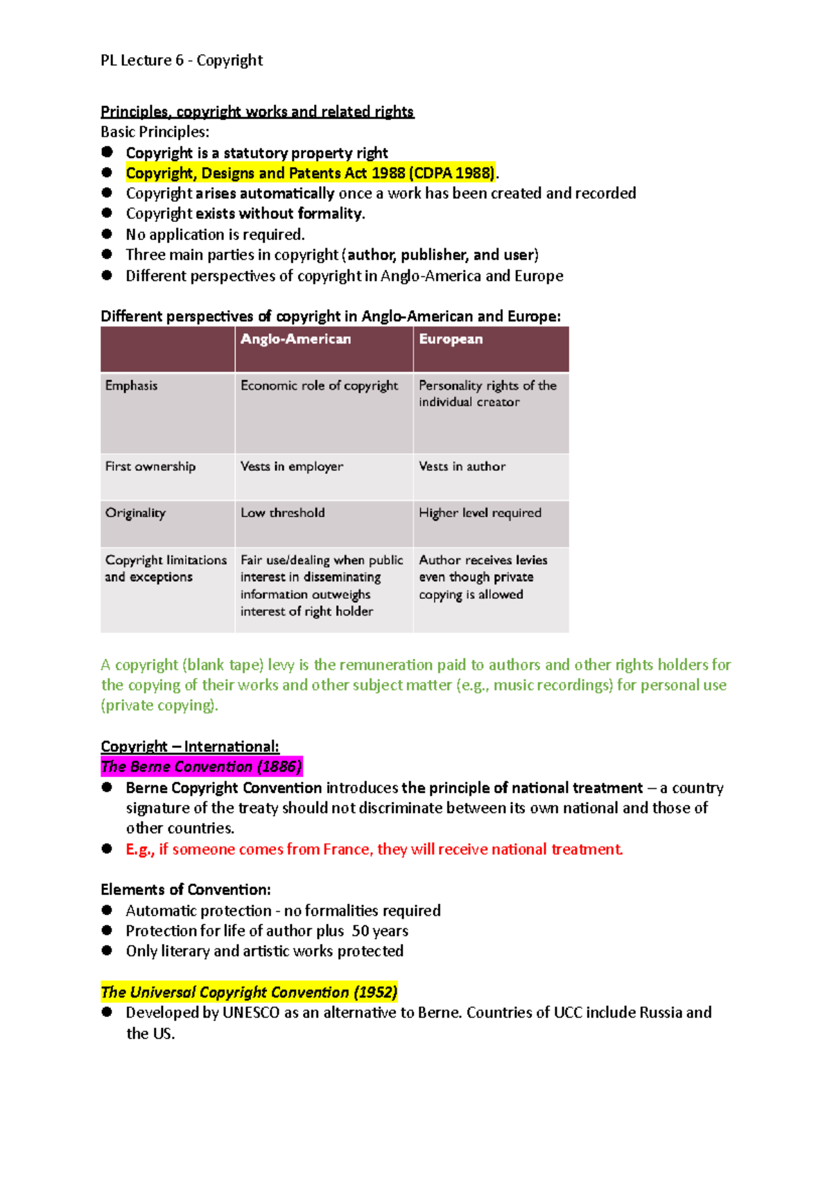 PL Lecture 6 - Copyright - Principles, copyright works and related rights Basic Principles ...