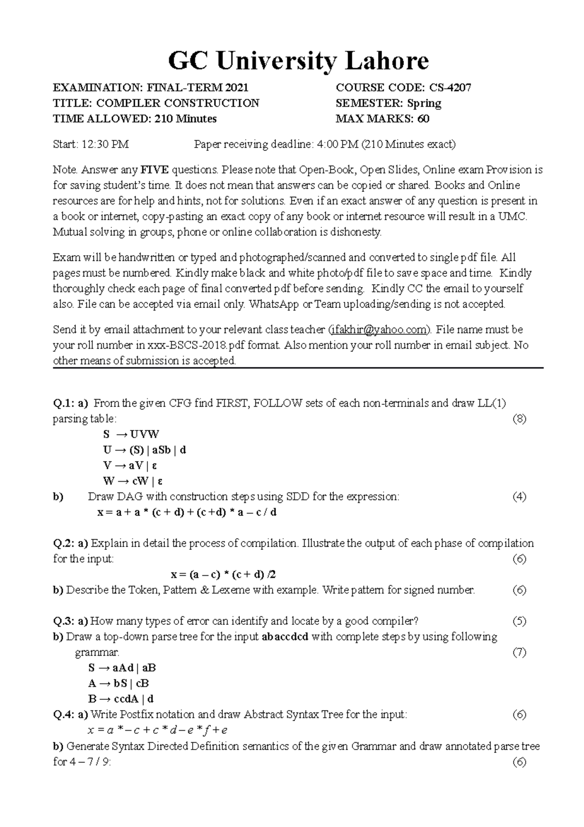 Compiler- Final-2021-combined - GC University Lahore EXAMINATION: FINAL ...