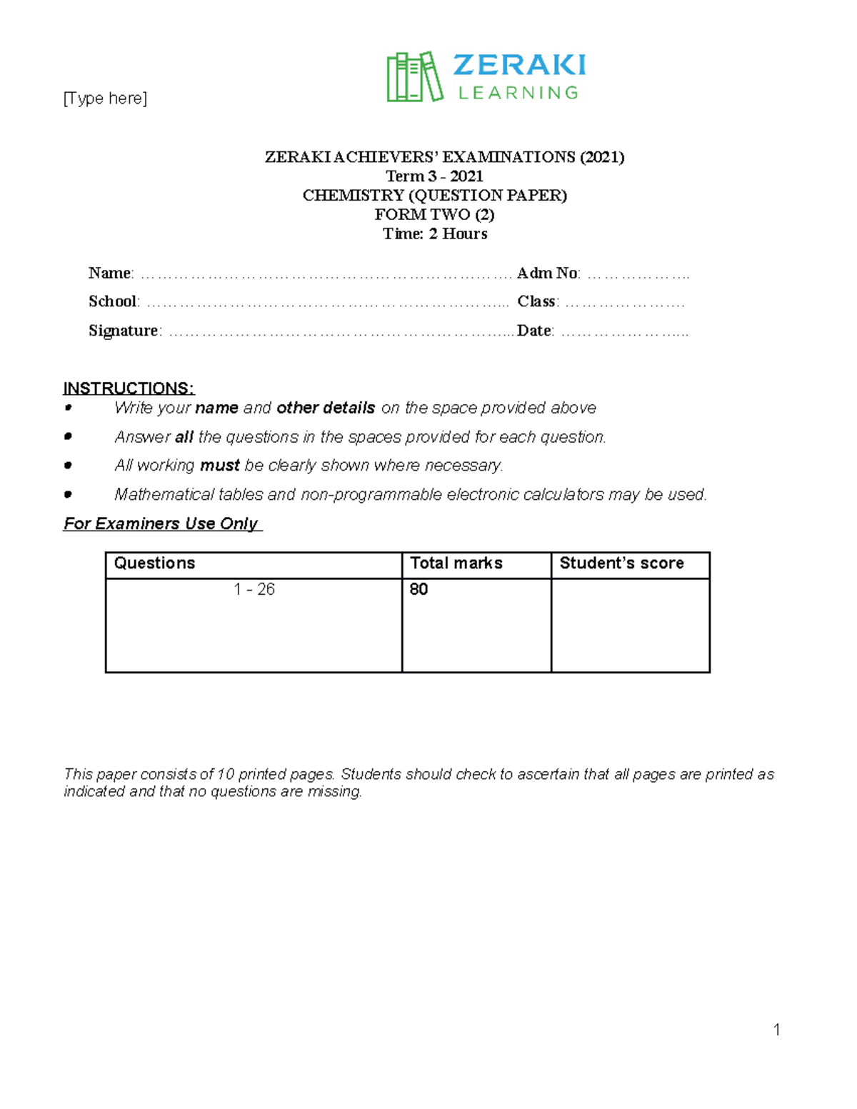 Chemistry Form 2 - Zeraki Achievers 3 - ZERAKI ACHIEVERS’ EXAMINATIONS ...