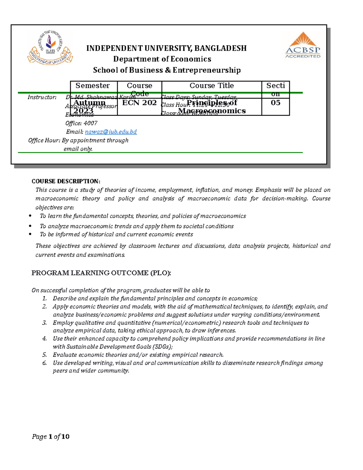 Course Outline ECN 202 Autumn 2023 - INDEPENDENT UNIVERSITY, BANGLADESH ...