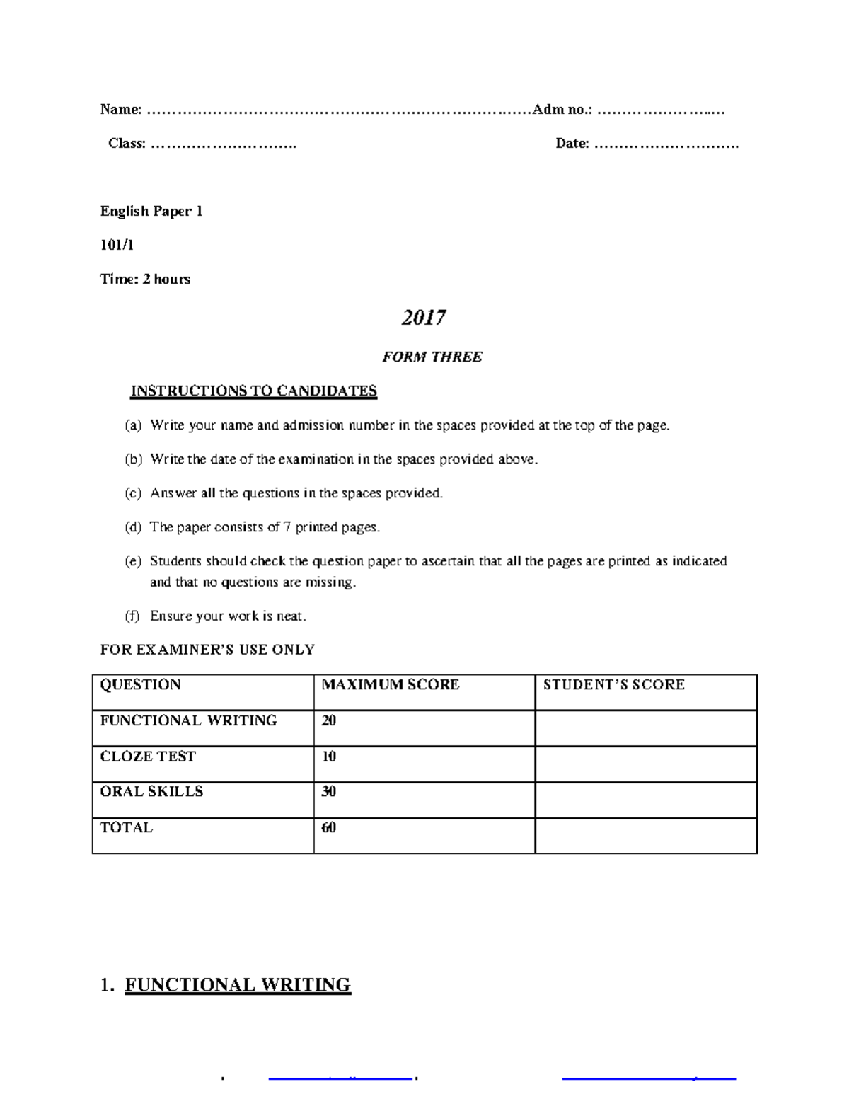 English paper 1 questions form 3 term 3 2017 - Compiled and supplied ...