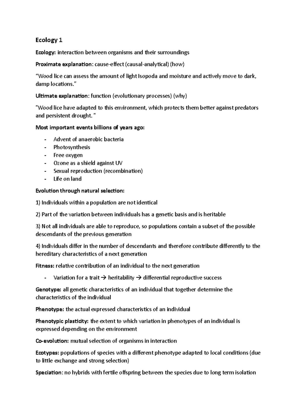 Ecology 1 summary - Ecology 1 Ecology: interaction between organisms ...