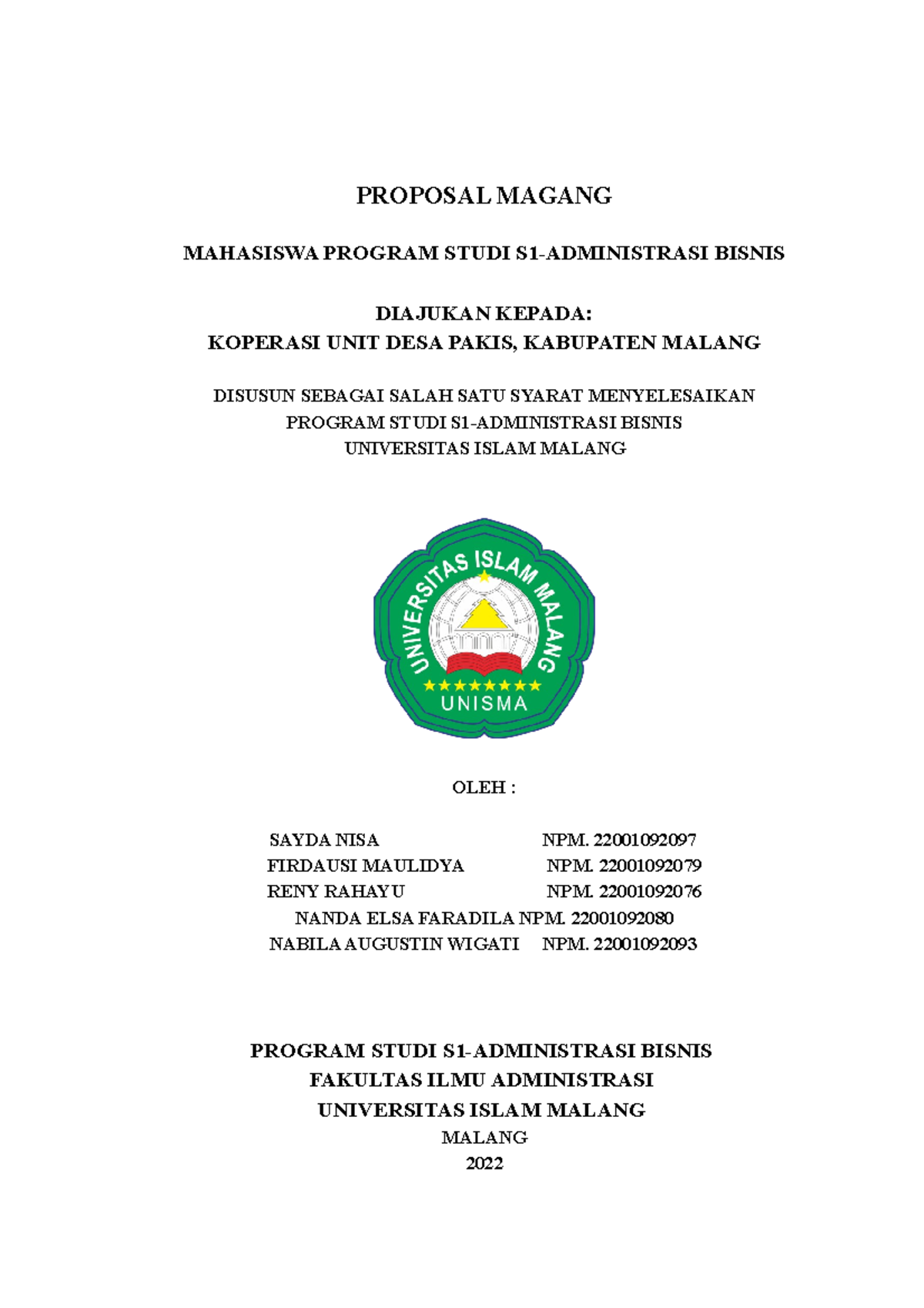 Proposal Magang KUD Pakis - PROPOSAL MAGANG MAHASISWA PROGRAM STUDI S1-ADMINISTRASI BISNIS ...