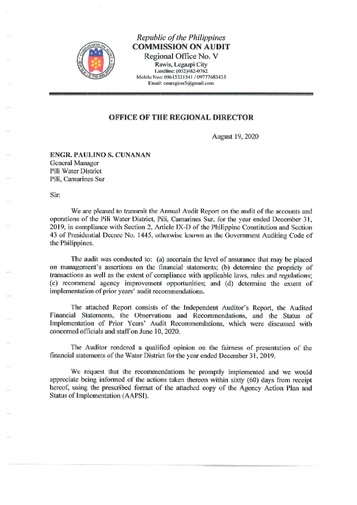 Audit-Report Qualified Opinion FS 2019-COA - Accounting Technology ...