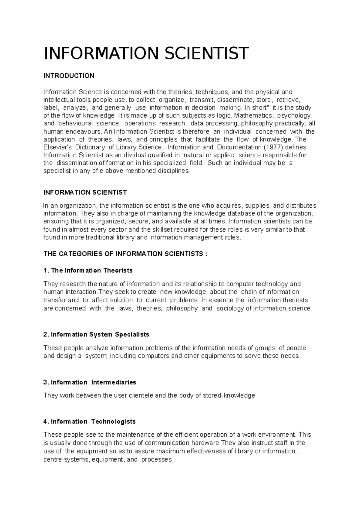 Assignment 1 Information Scientist - INFORMATION SCIENTIST INTRODUCTION ...