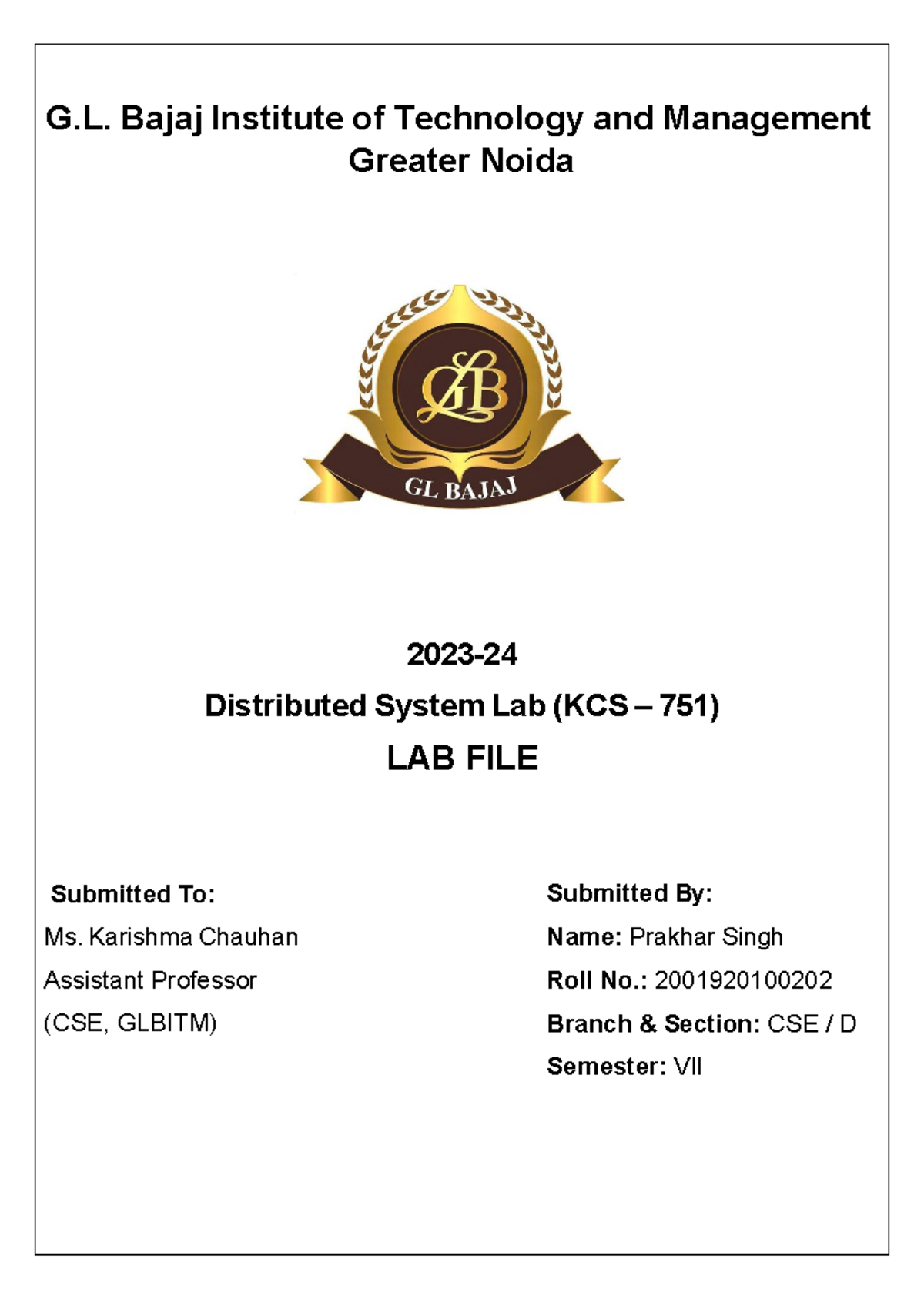 Prarkhar Distributed lab file - G. Bajaj Institute of Technology and Management Greater Noida ...