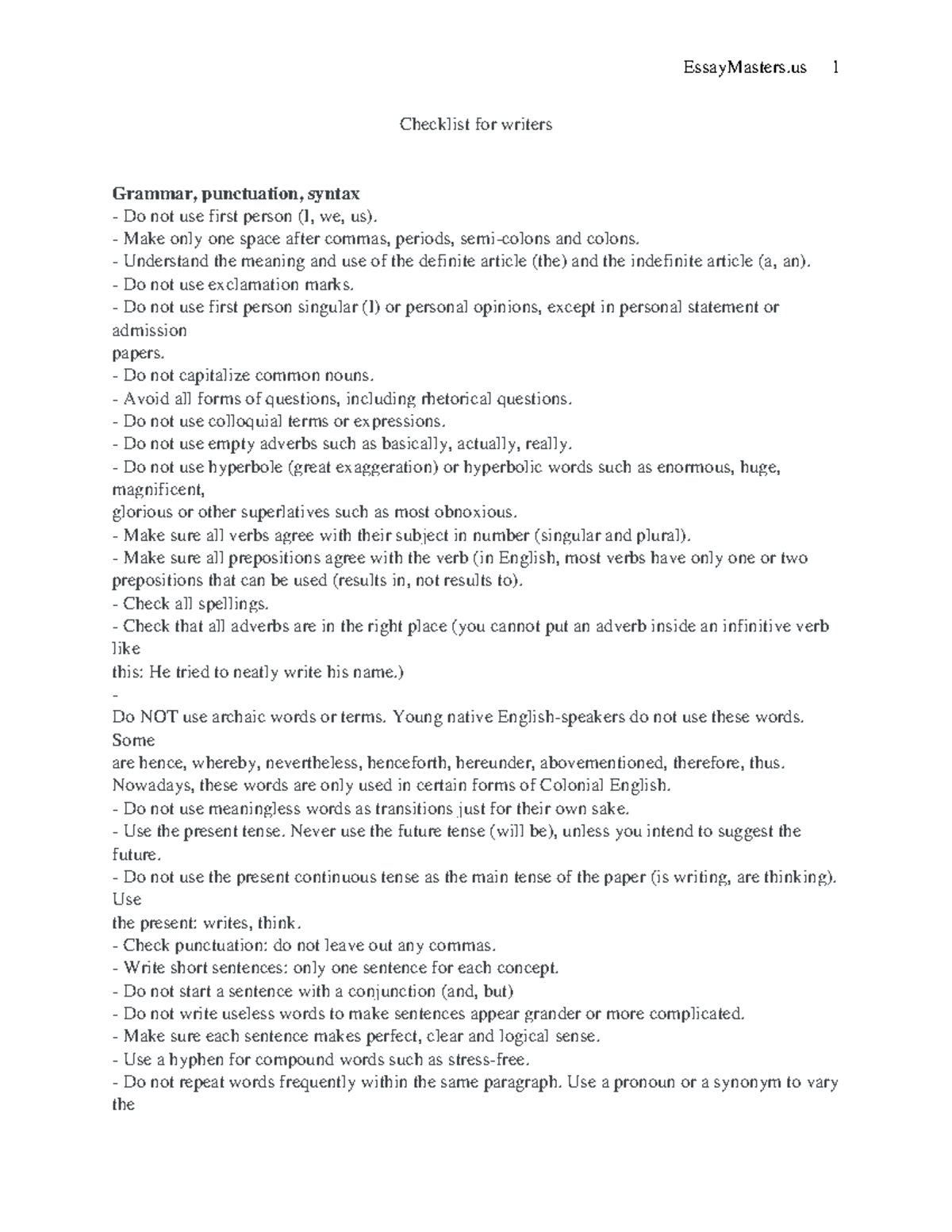 Final Paper Checklist - for exams - EssayMasters 1 Checklist for ...