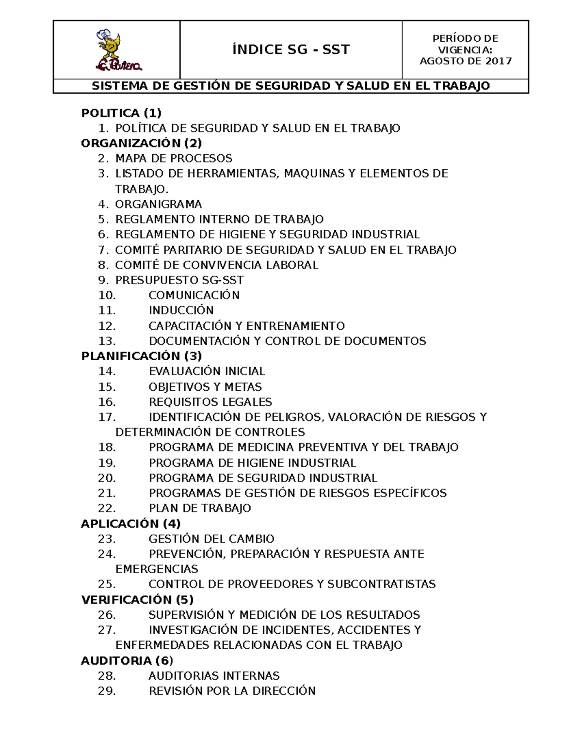Índice SG - SST - ewfe - ÍNDICE SG - SST PERÍODO DE VIGENCIA: AGOSTO DE ...
