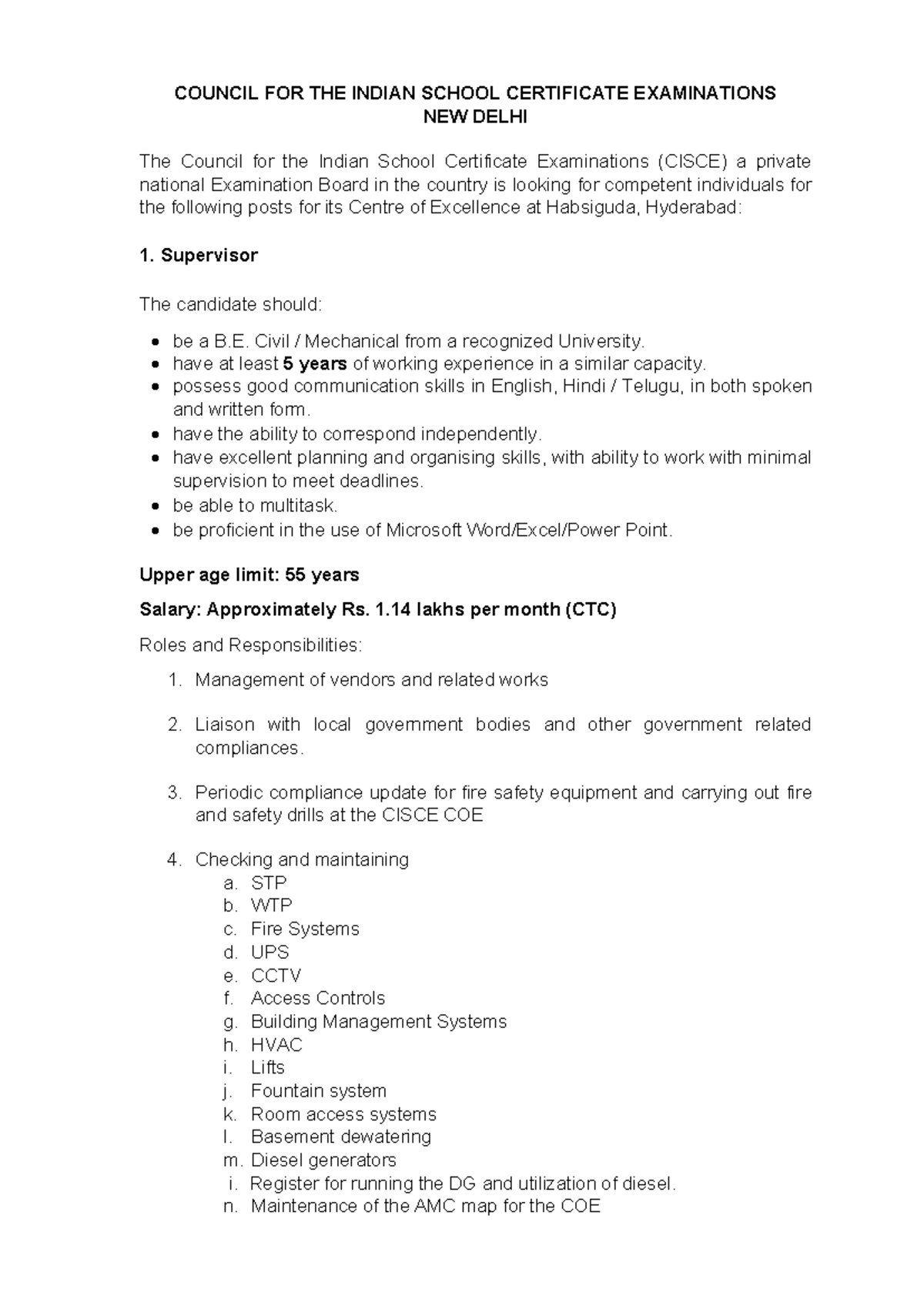 Cisce-Recruitment-2024 - COUNCIL FOR THE INDIAN SCHOOL CERTIFICATE ...
