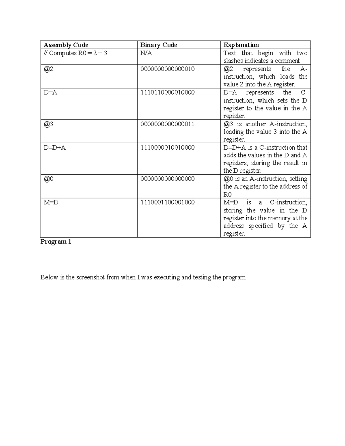 CS 1104 Assignment Unit 6 - Assembly Code Binary Code Explanation ...