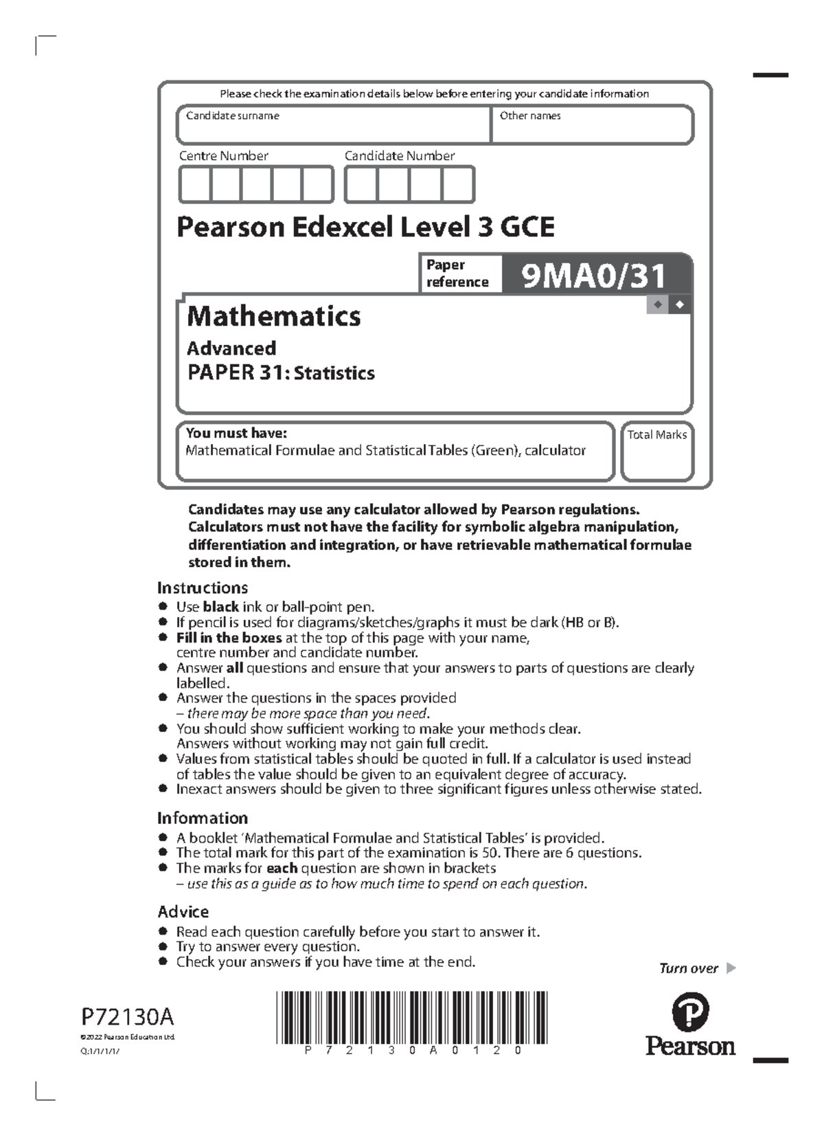 Edexcel A Level Maths June 2022 Paper 3S QP - Centre Number Candidate ...