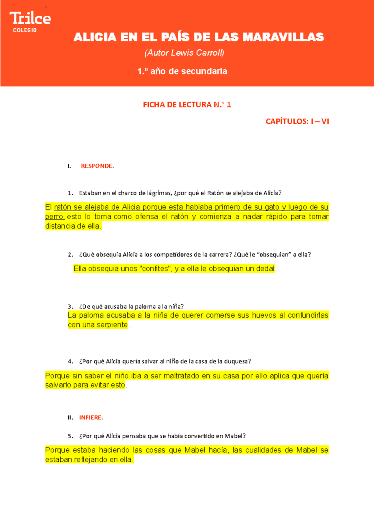 1° Sec. Alicia EN EL PAÍS DE LA Maravillas - FICHA DE LECTURA N.° 1 ...