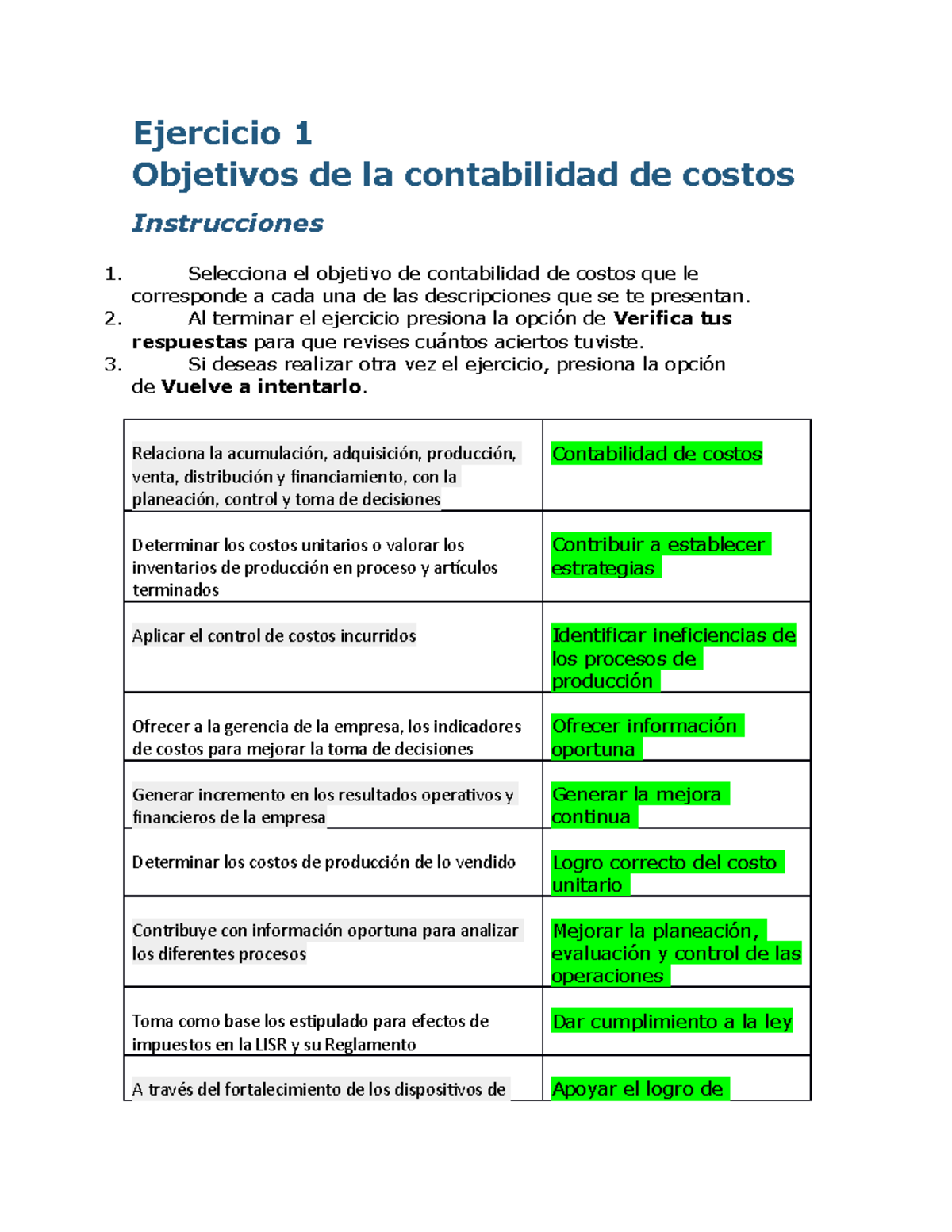 Ejercicio 1.- Objetivos de la contabilidad de costos - Ejercicio 1 Objetivos de la contabilidad ...