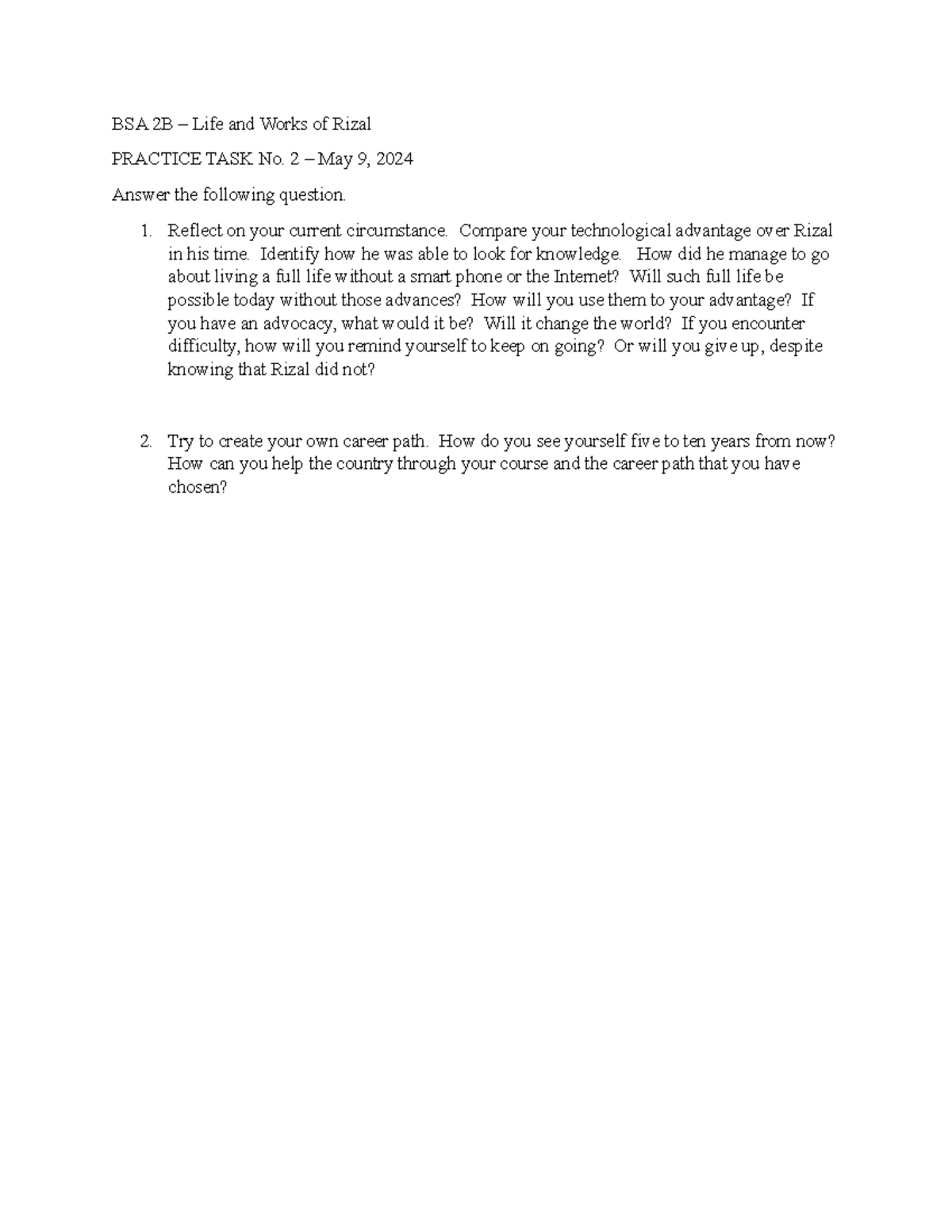 Practice Task-No 2 BSA 2B-Rizal - BSA 2B – Life and Works of Rizal ...