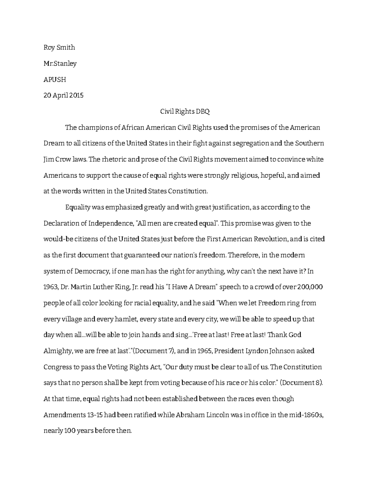 Apush DBQ Civil Rights - Roy Smith Mr APUSH 20 April 2015 Civil Rights ...