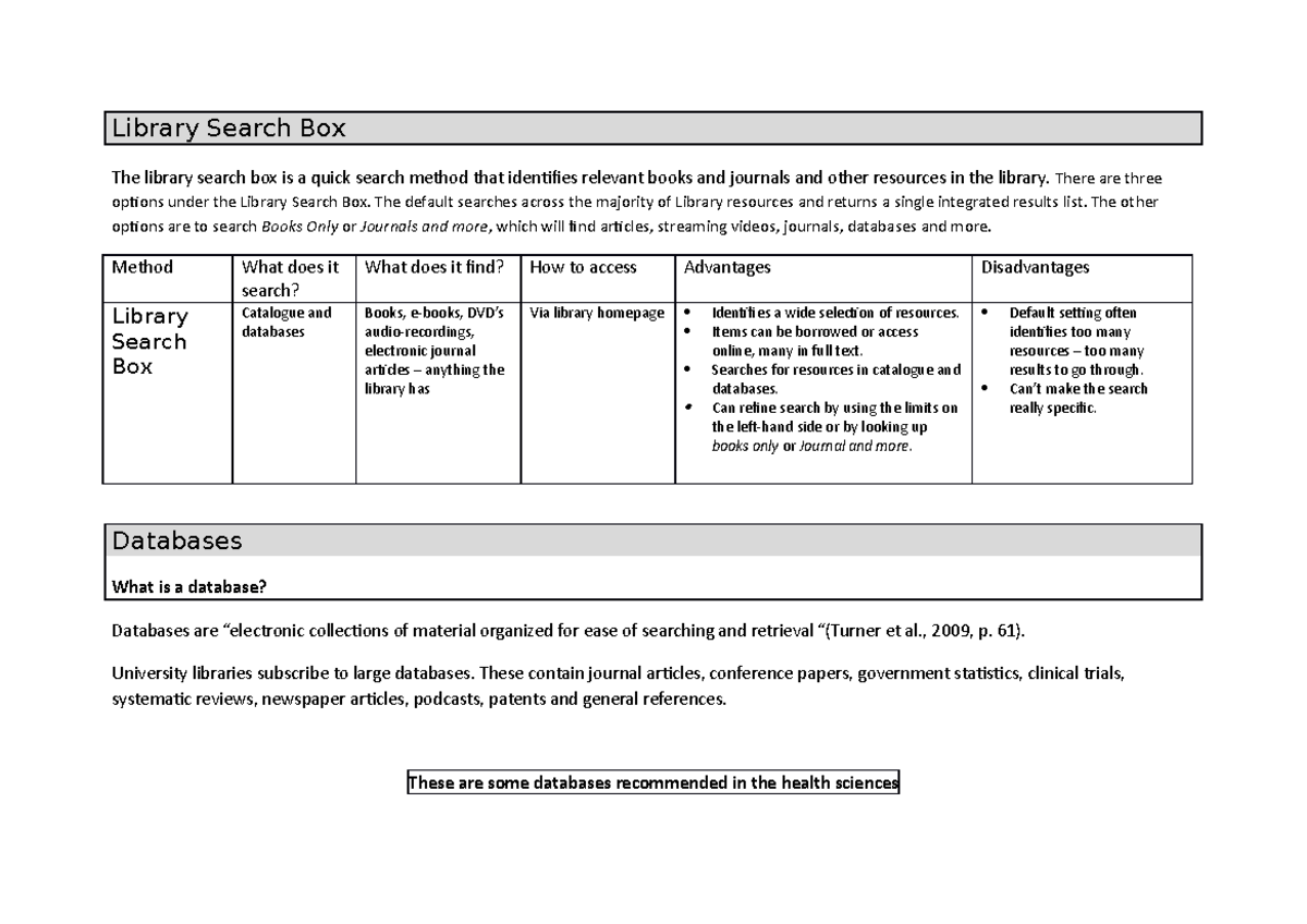 HLTH1015 Library Search Box & Databases Worksheet - Library Search Box ...
