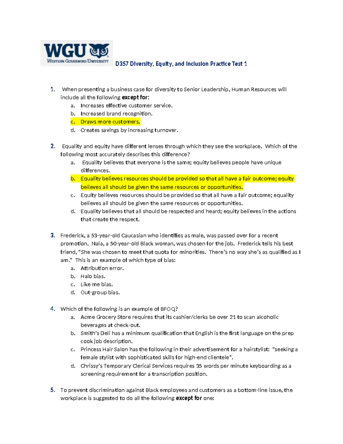 D357 DEI 35 question practice test 1 of 2 - D357 Diversity, Equity, and ...