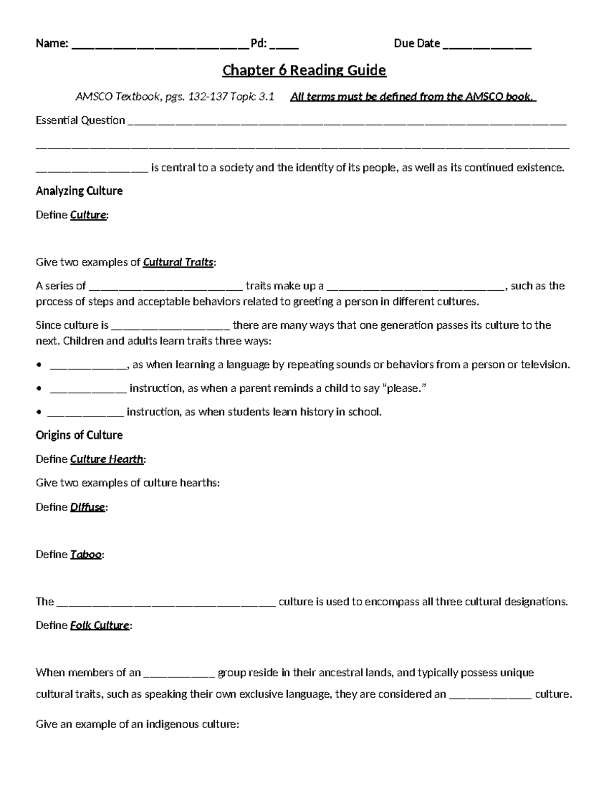 Amsco Unit 3 - Ch 6 Reading Guide 2021 - Name: ______________________________ Pd: _____ Due Date ...