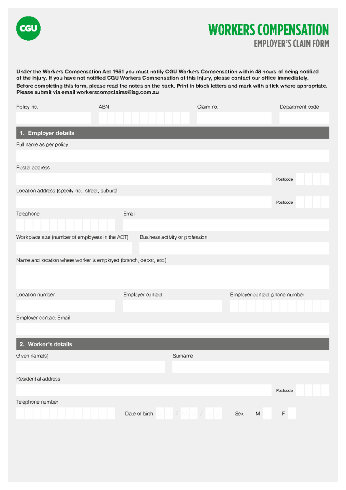 Cgu workers compensation employers claim form act 1022 - Under the ...
