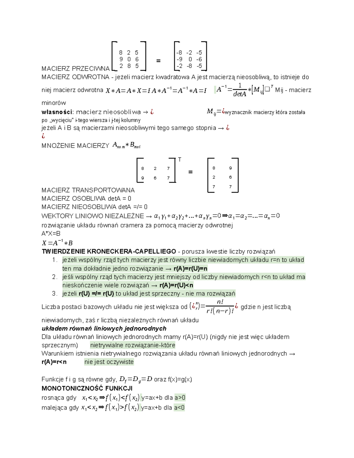 NAJW Rzeczy na sesje - Streszczenie Matematyka - MACIERZ PRZECIWNA ...