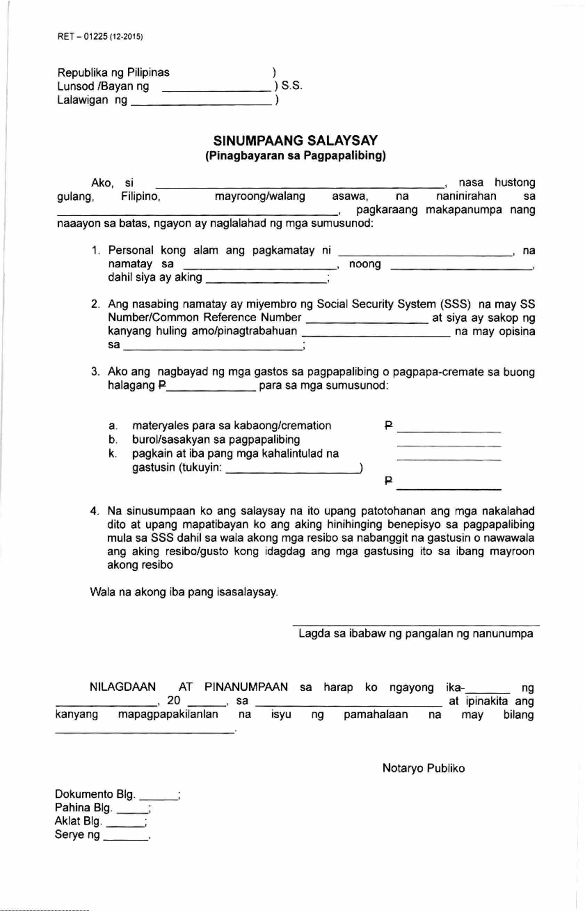 Sinumpaang salaysay pinagbayaran sa pagpapalibing ret01225 ...
