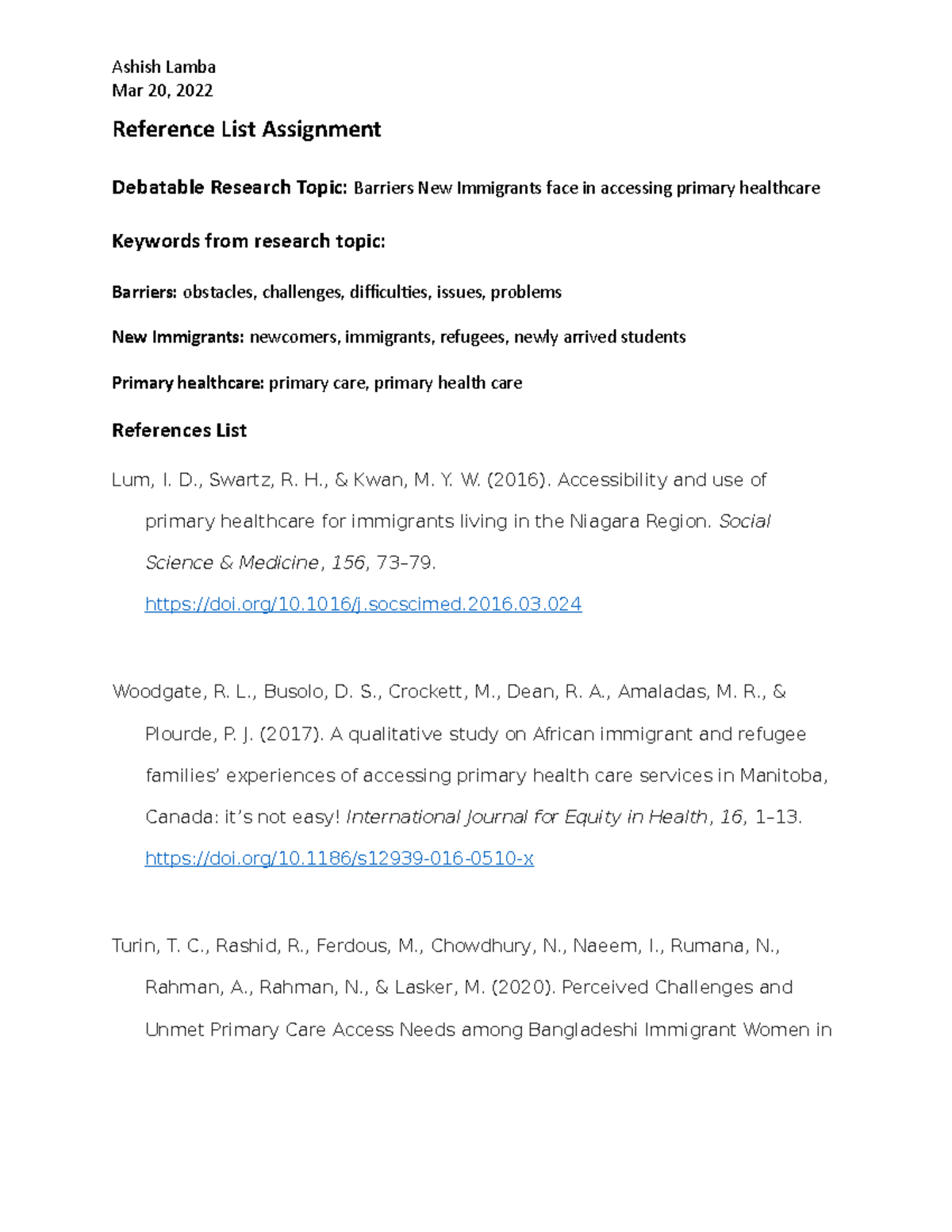 Reference List Assignment - Ashish Lamba Mar 20, 2022 Reference List ...