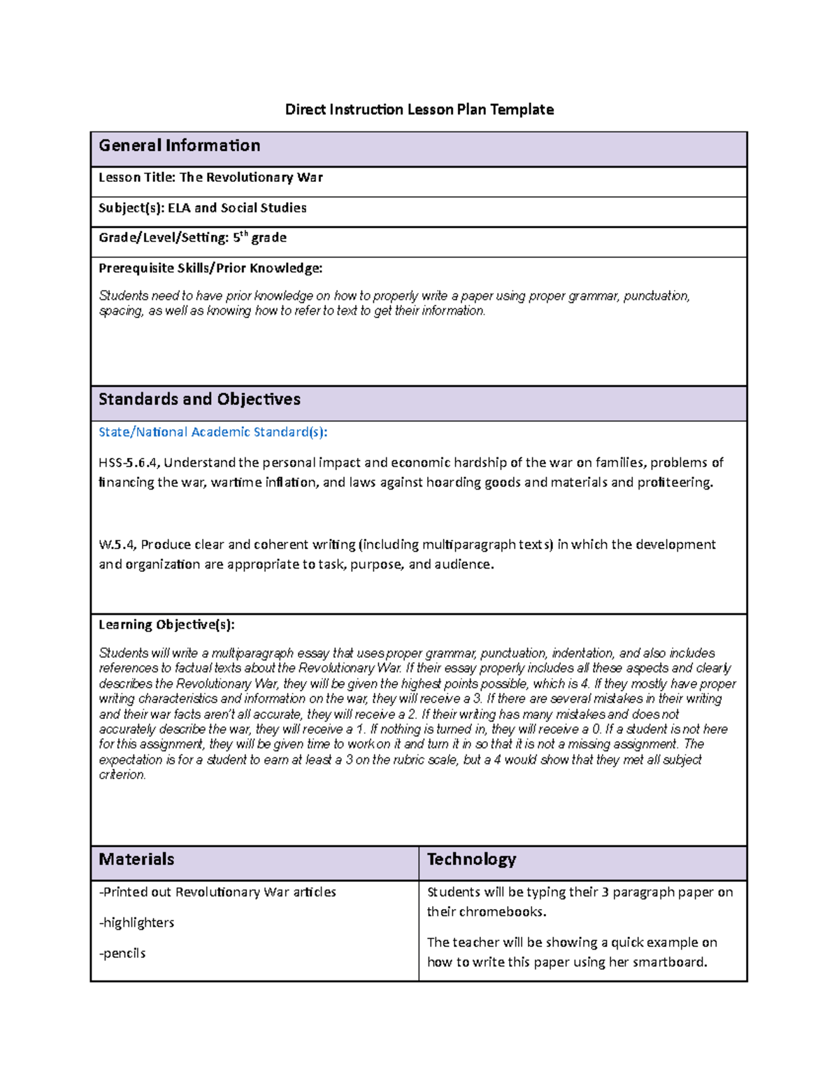 Disciplinary Writing - assignment - Direct Instruction Lesson Plan ...