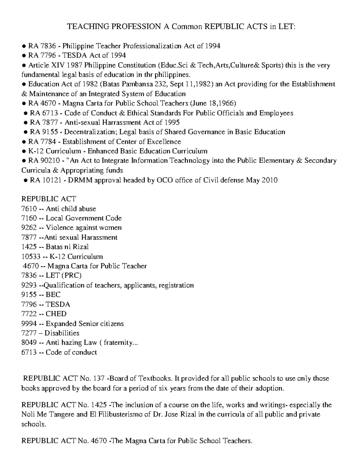 Teaching Profession A Common Republic ACTS in LET - TEACHING PROFESSION ...