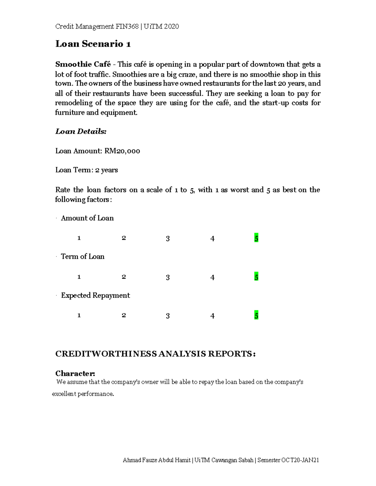 Loan Scenario 1 - Credit Management FIN368 | UiTM 2020 Ahmad Fauze ...
