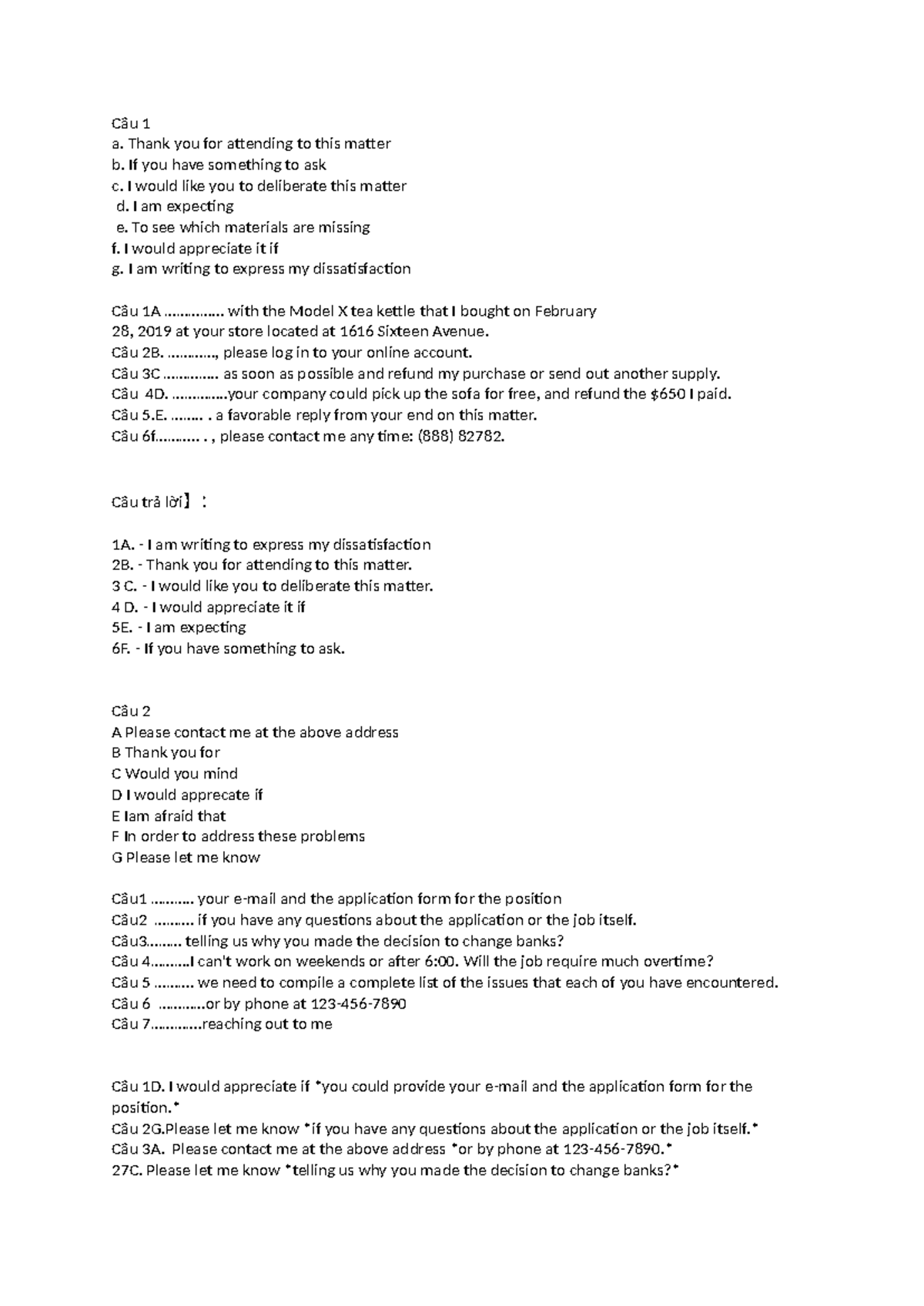 Bản sao att - Jfjfjf - Câu 1 a. Thank you for attending to this matter ...