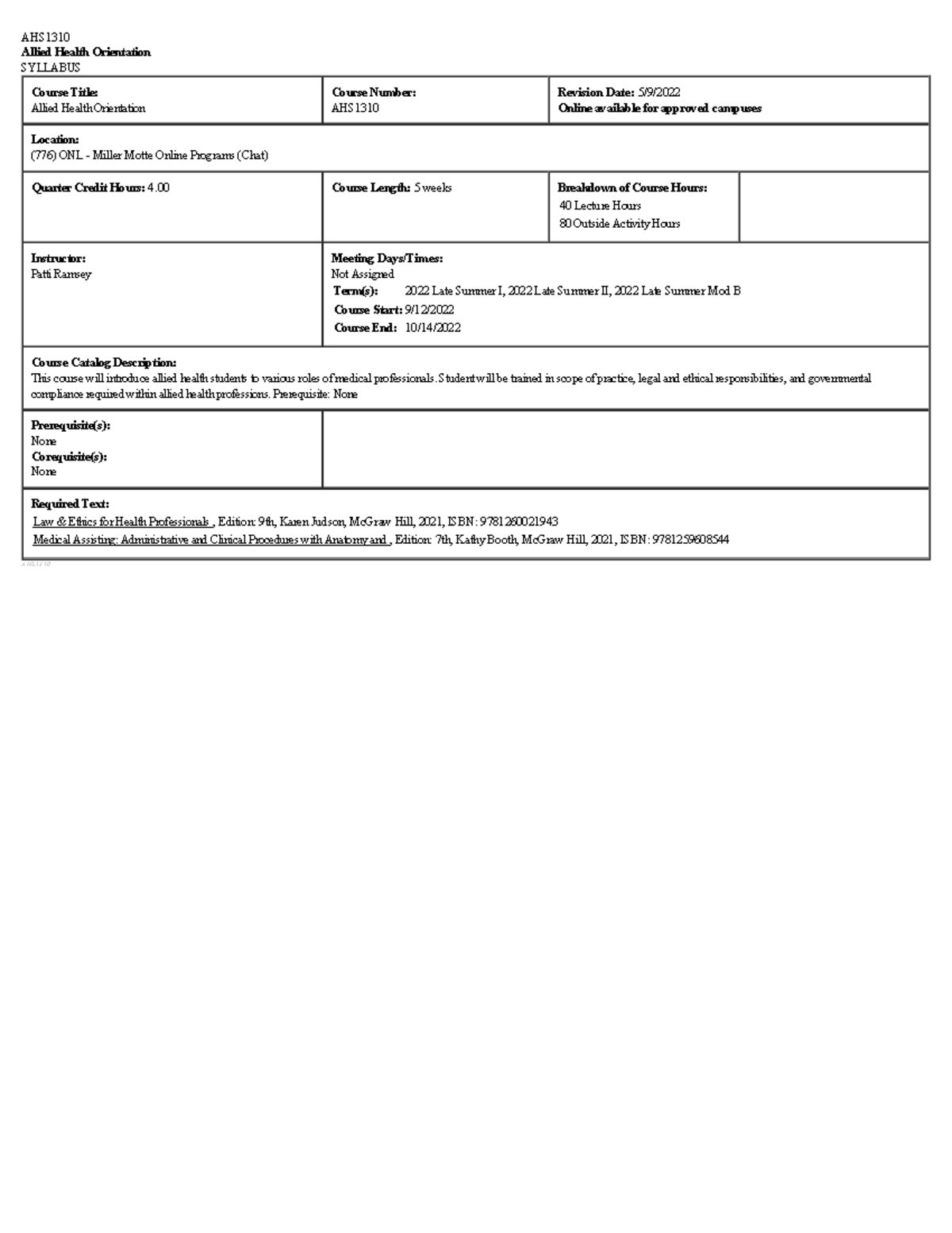 AHS1310 1154719 - Brief - AHS Allied Health Orientation SYLLABUS Course ...