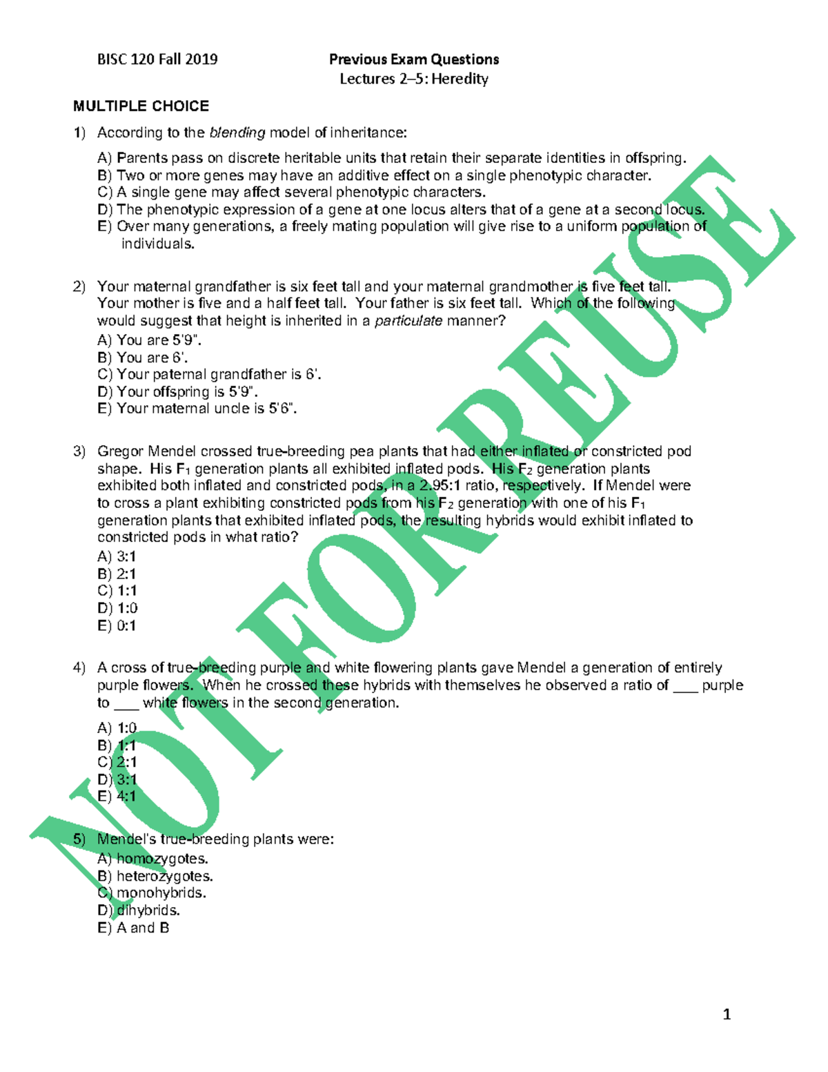 Previous Exam Qs 1 Heredity - Lectures 2–5: Heredity MULTIPLE CHOICE ...