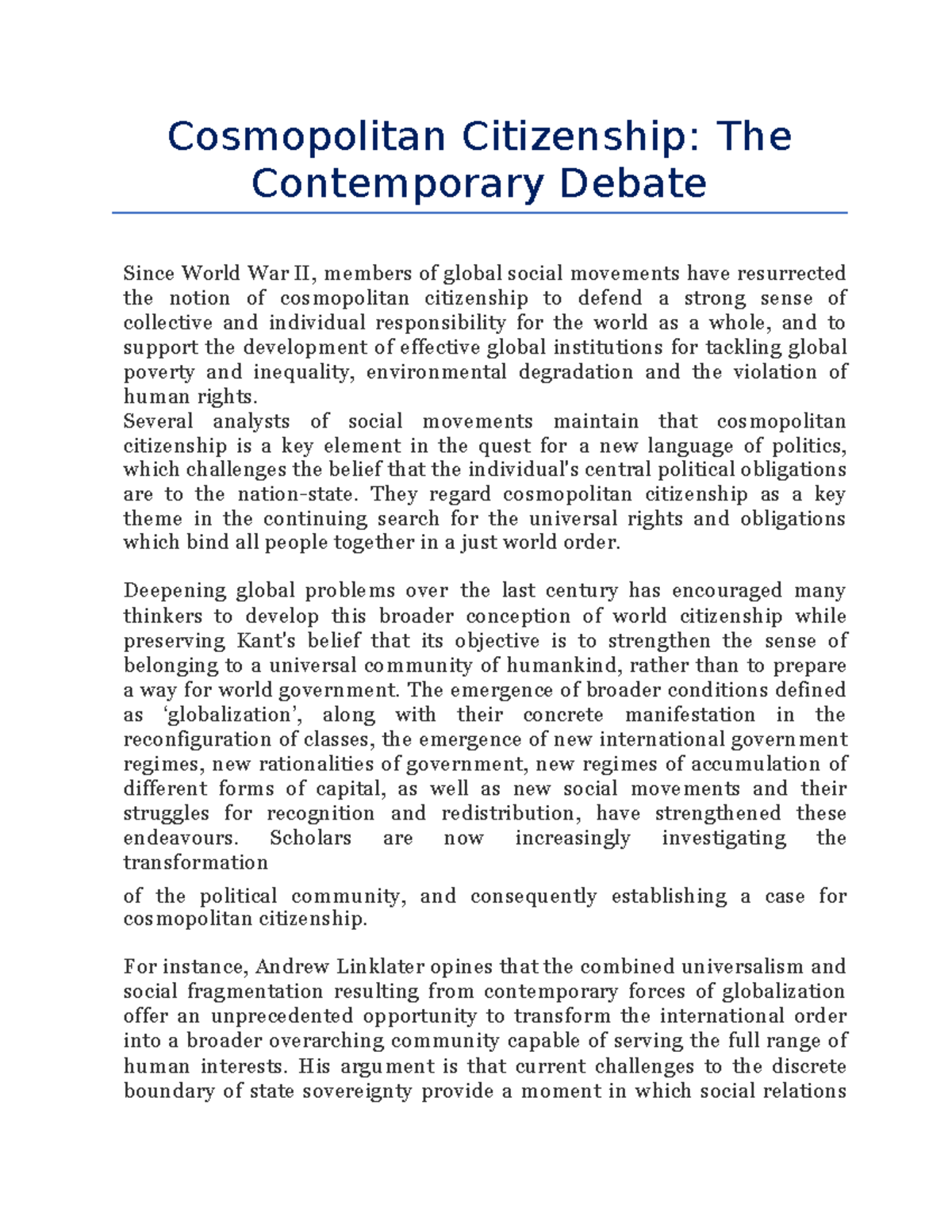 Cosmopolitan Citizenship The Contemporary Debate - Cosmopolitan ...