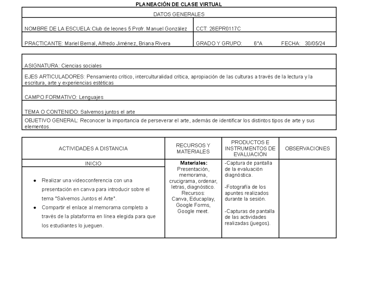 Planeación DE Clase Virtual - PLANEACIÓN DE CLASE VIRTUAL DATOS ...
