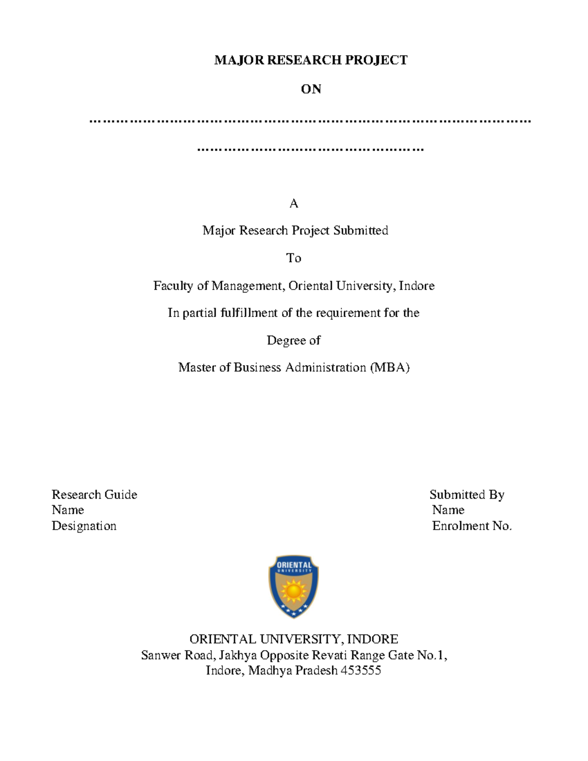 MRP Front Pages 0 - MAJOR RESEARCH PROJECT ON - Studocu