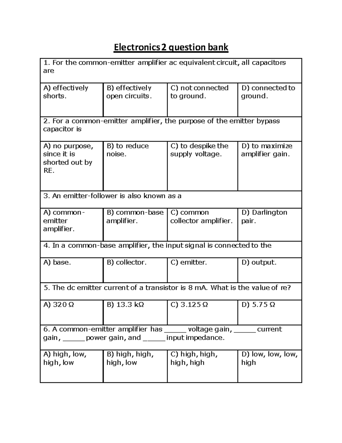 Electronics 2 question bank un - Electronics 2 question bank For the ...
