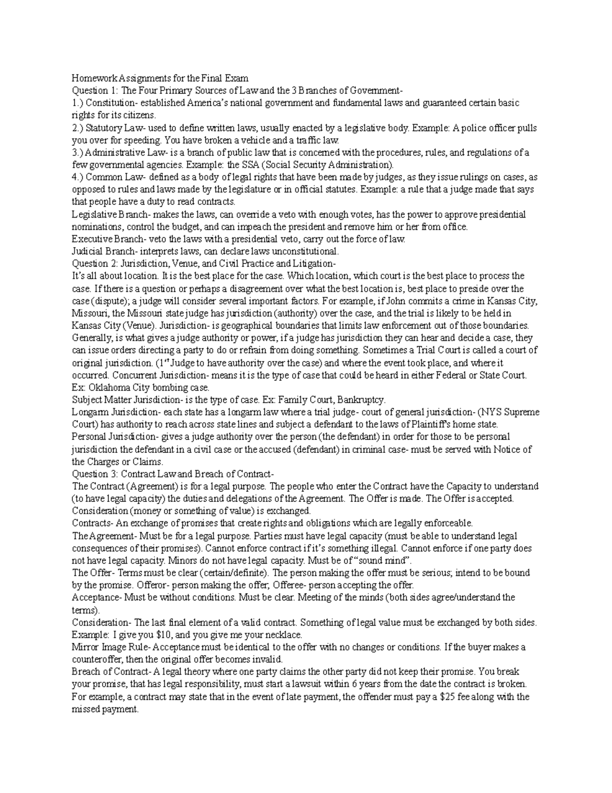 Intro to Law Homework Assignment - Homework Assignments for the Final ...