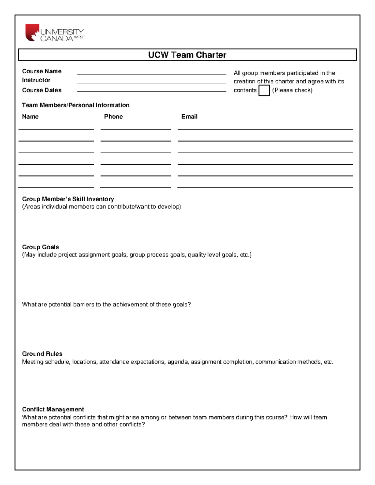 UCW Team Charter - UCW Team Charter Course Name All group members ...